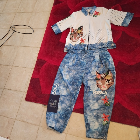 Darkwin | Pants & Jumpsuits | Darkwin Shirt Pant Set White Blue Woman Size Xl | Poshmark